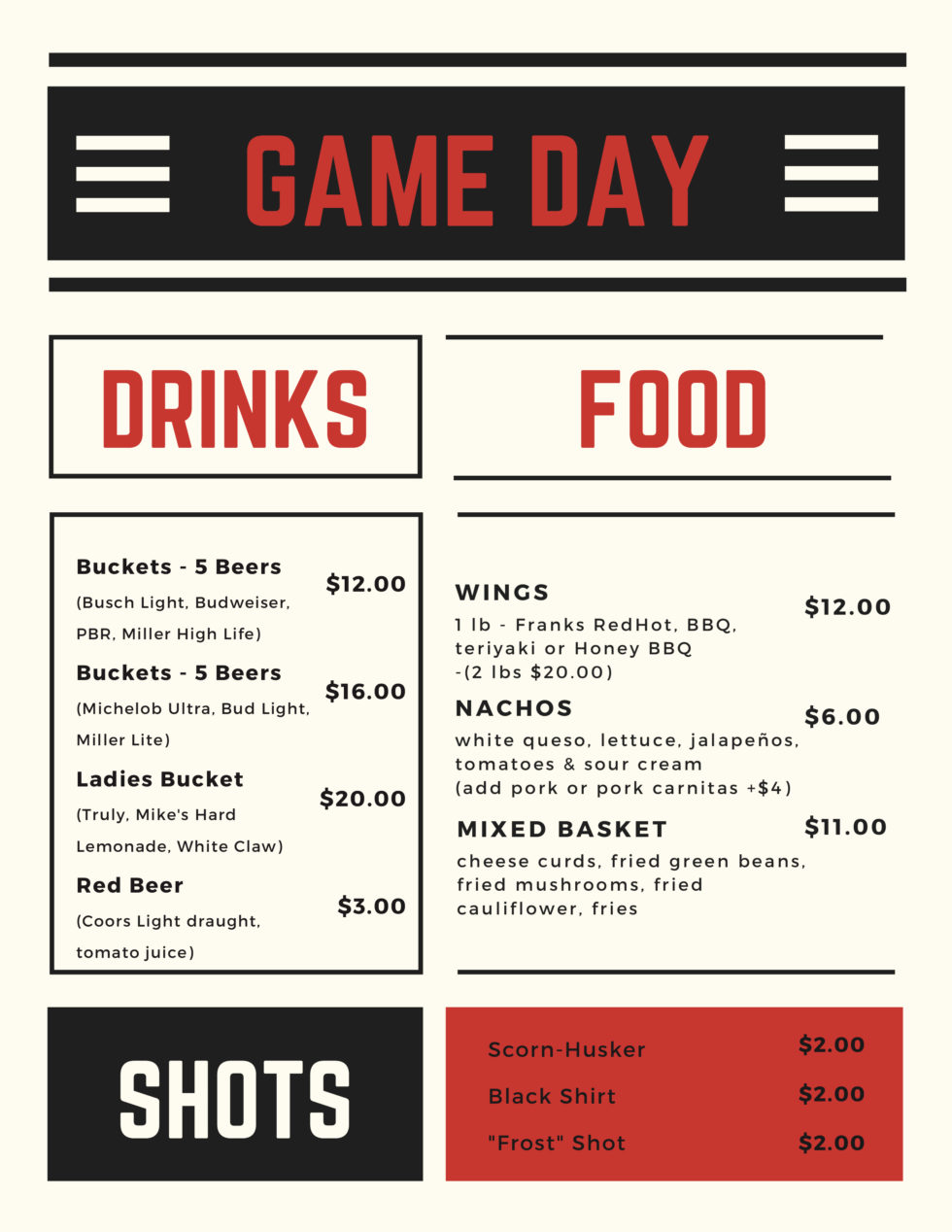 Game Day Menu | Carl's Tavern
